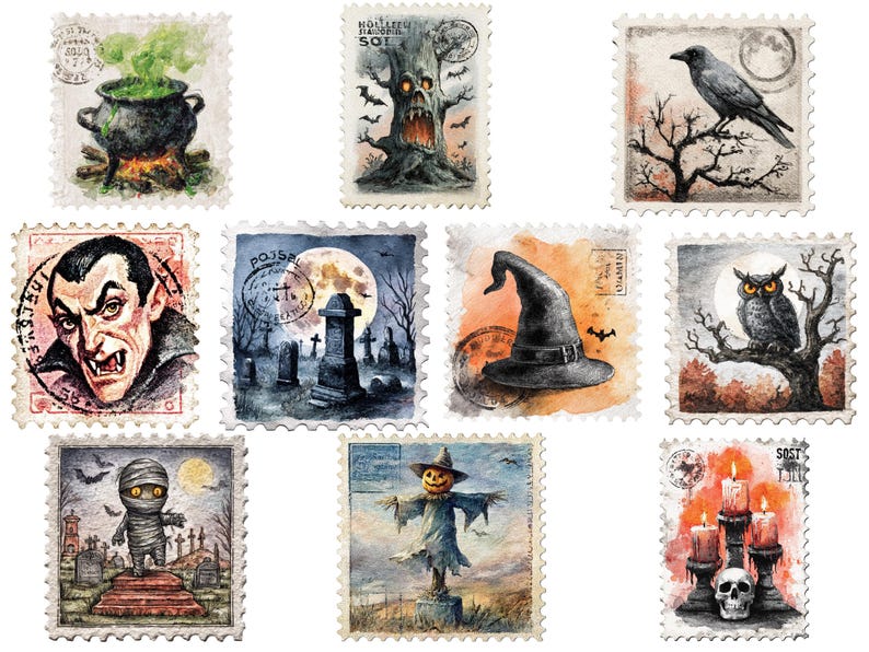 Halloween Stamps Clipart Collection, Watercolor Retro Spooky Postage 20 ...