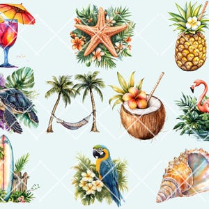Tropical Paradise Clipart Collection, Watercolor Beach Island 20 PNG ...