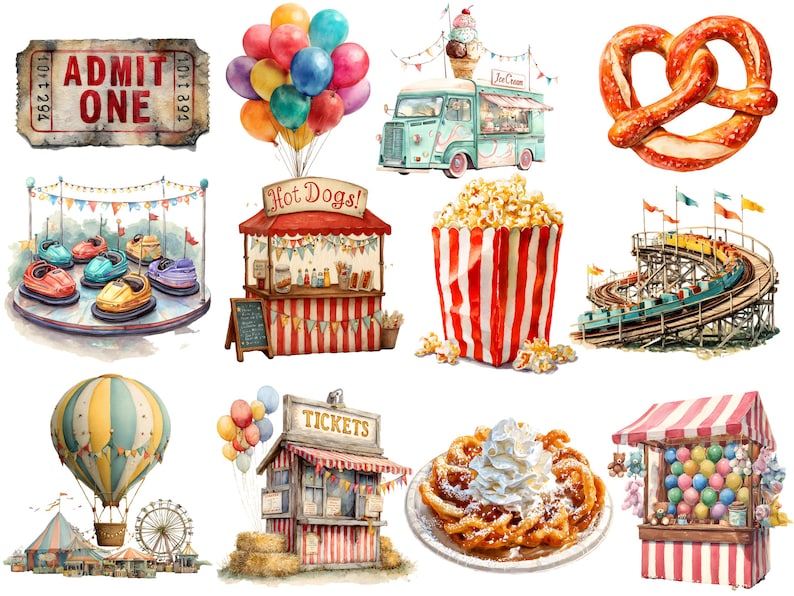 County Fair Clipart Collection, Retro Whimsical Watercolor Carnival ...