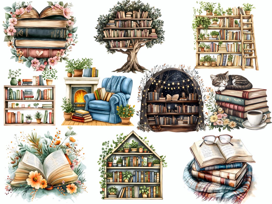 Cozy Bookish Clipart Collection, Reading Nook Watercolor 20 PNG ...