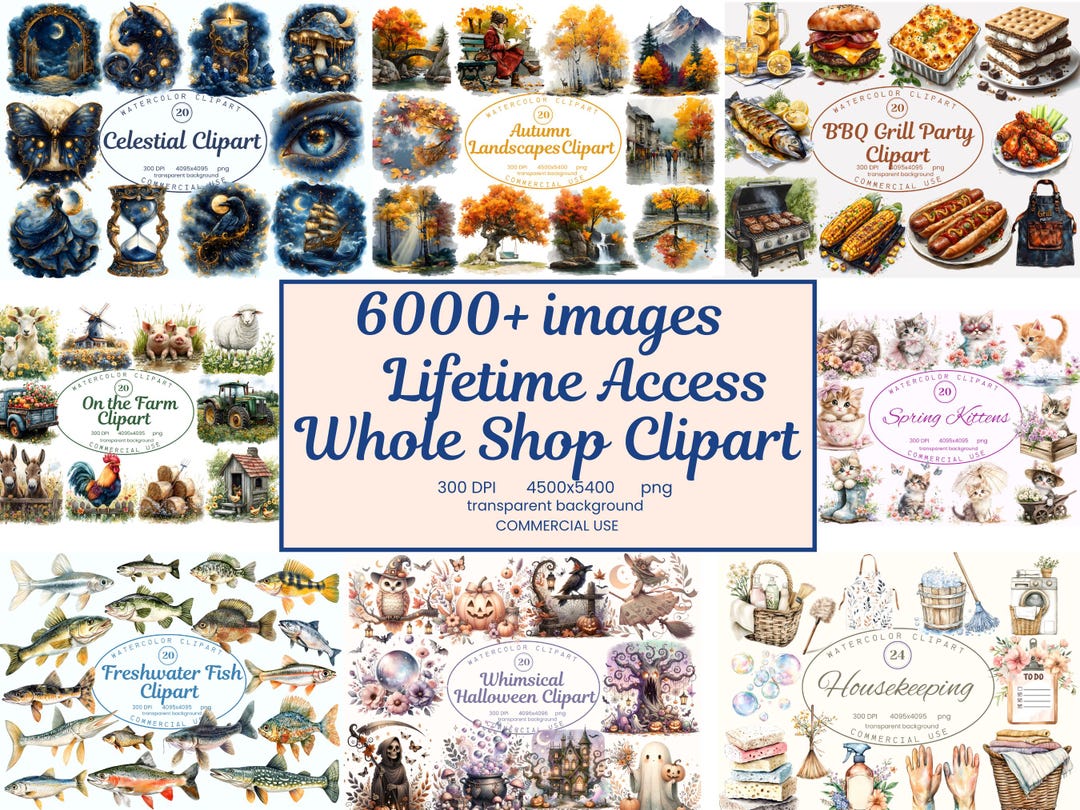 Whole Shop Lifetime Access Clipart Mega Bundle, 6000+ PNG Graphics, All ...