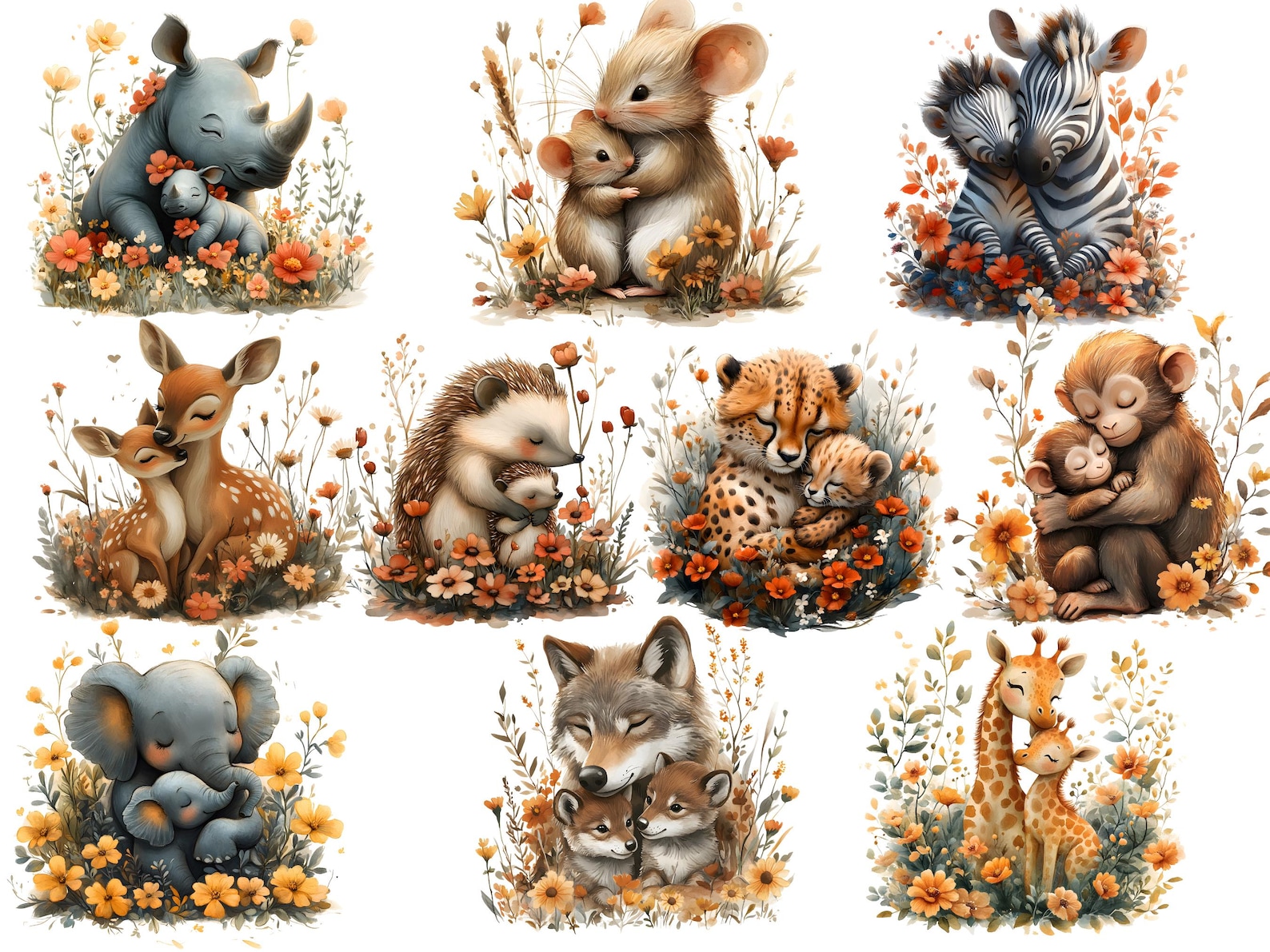 Mother and Baby Animals Clipart Collection, Watercolor Cute Baby Shower ...