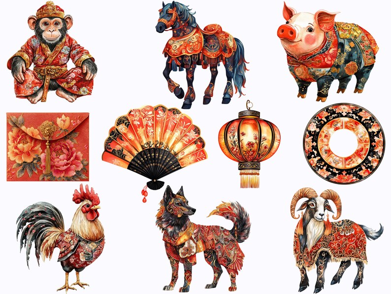 Chinese Zodiac Clipart Collection, Lunar New Year Animals & Decorative ...
