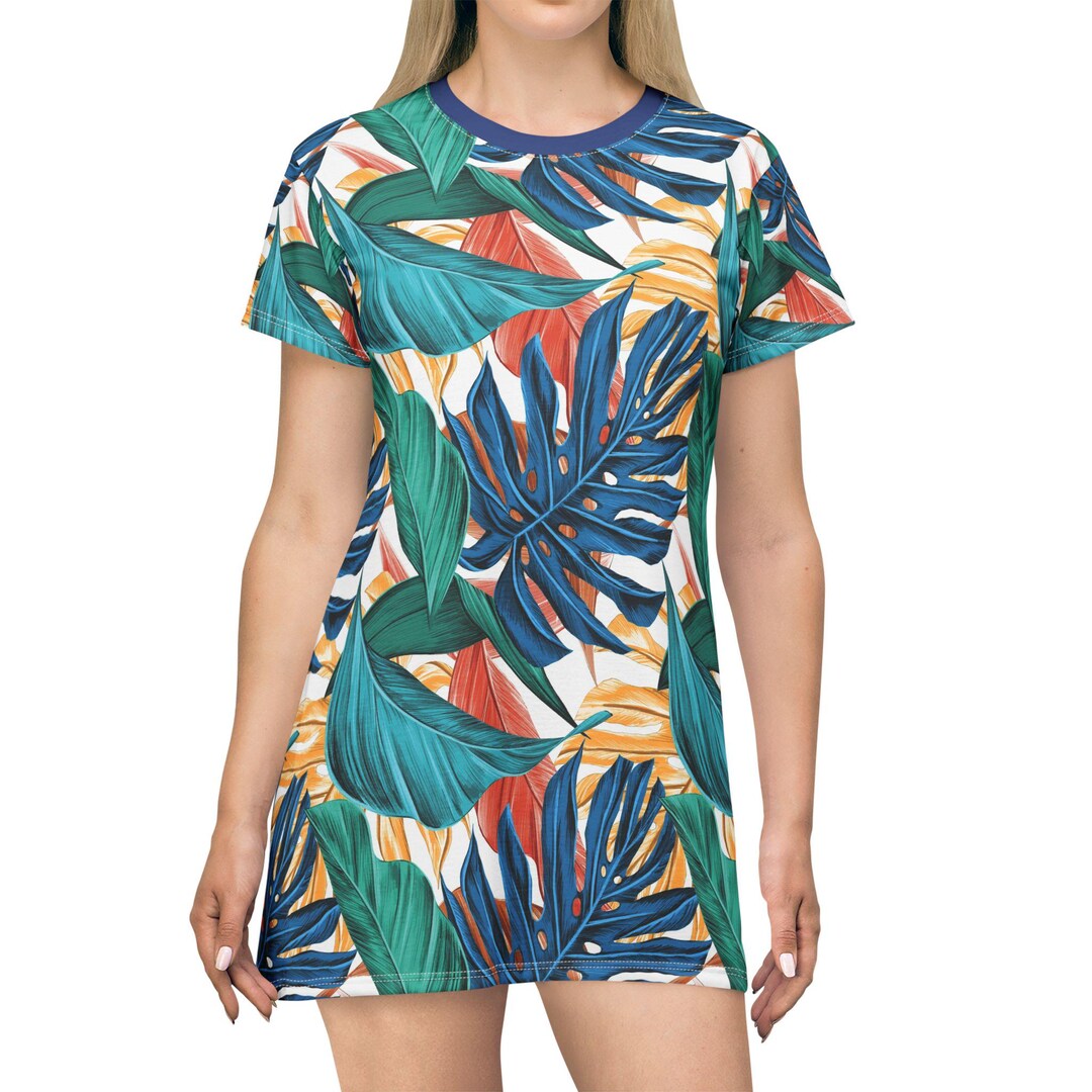 Floral Print Short Dress, Colorful Leaf Pattern Dress, Boho Chic Summer ...