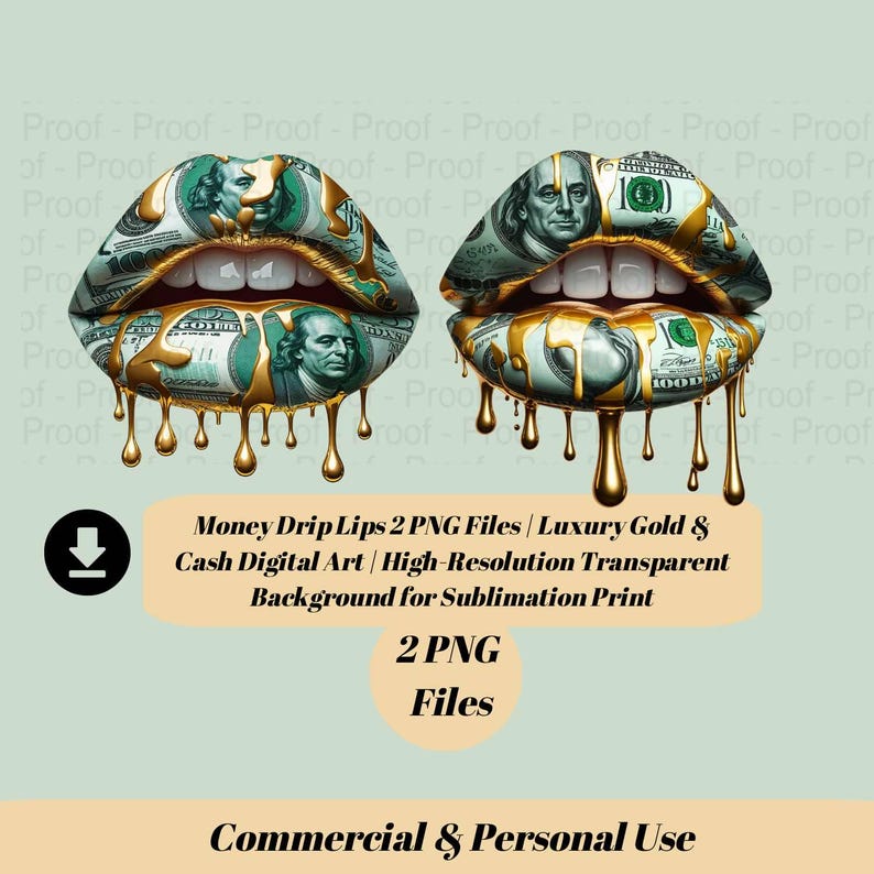 Luxury Dripping Money Lips PNG Bundle of 2 | Gold 100 Bill Lip Art ...