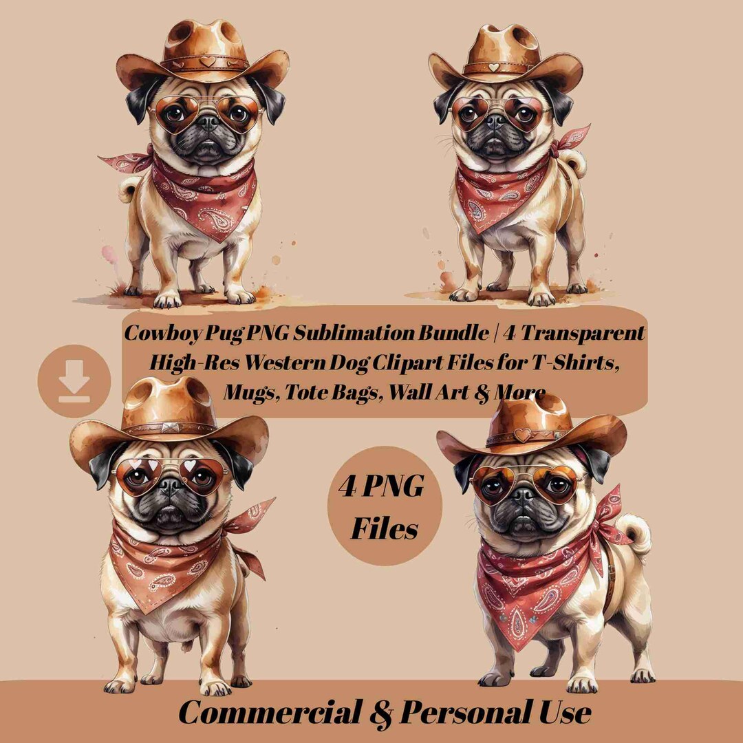 Cowboy Pug PNG Sublimation Bundle | 4 Transparent High-res Western Dog ...
