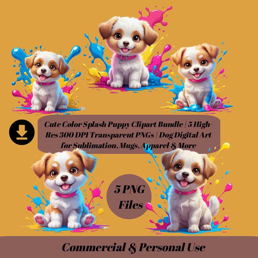 Cute Color Splash Puppy Clipart Bundle | 5 High-res 300 DPI Transparent ...