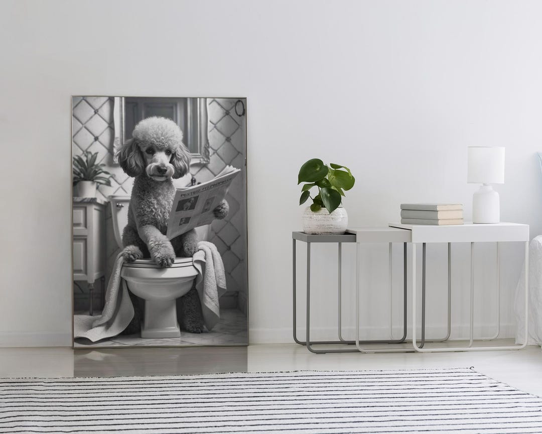 Poodle Bathroom Humor Wall Art | Black & White Dog Illustration ...