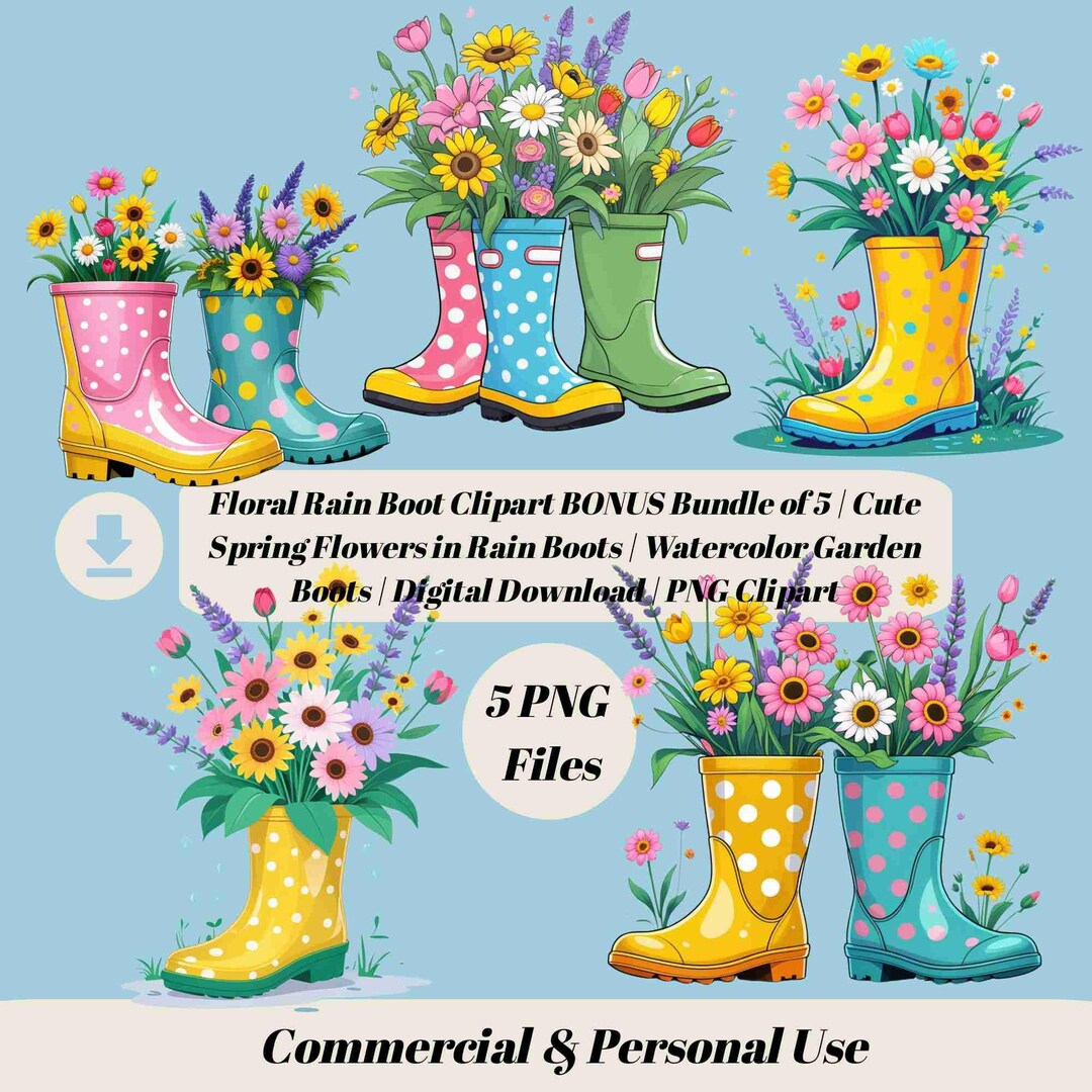 Floral Rain Boot Clipart Bundle, Spring Flowers (PNG Digital Download ...