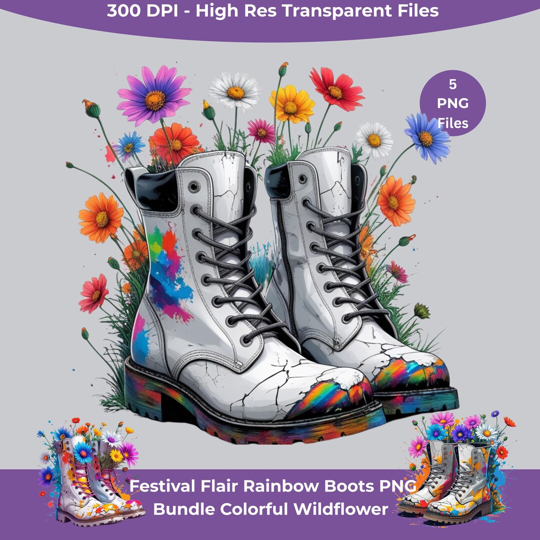 Festival Flair Rainbow Boots PNG Bundle – 5 Colorful Wildflower Combat ...