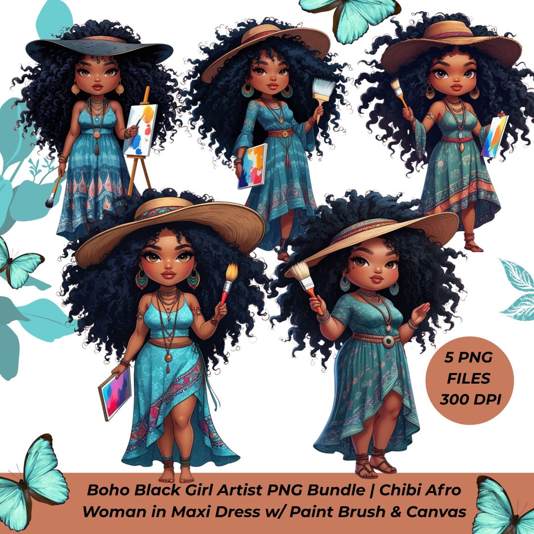 Boho Black Girl Artist PNG Bundle | Chibi Afro Woman in Maxi Dress W ...