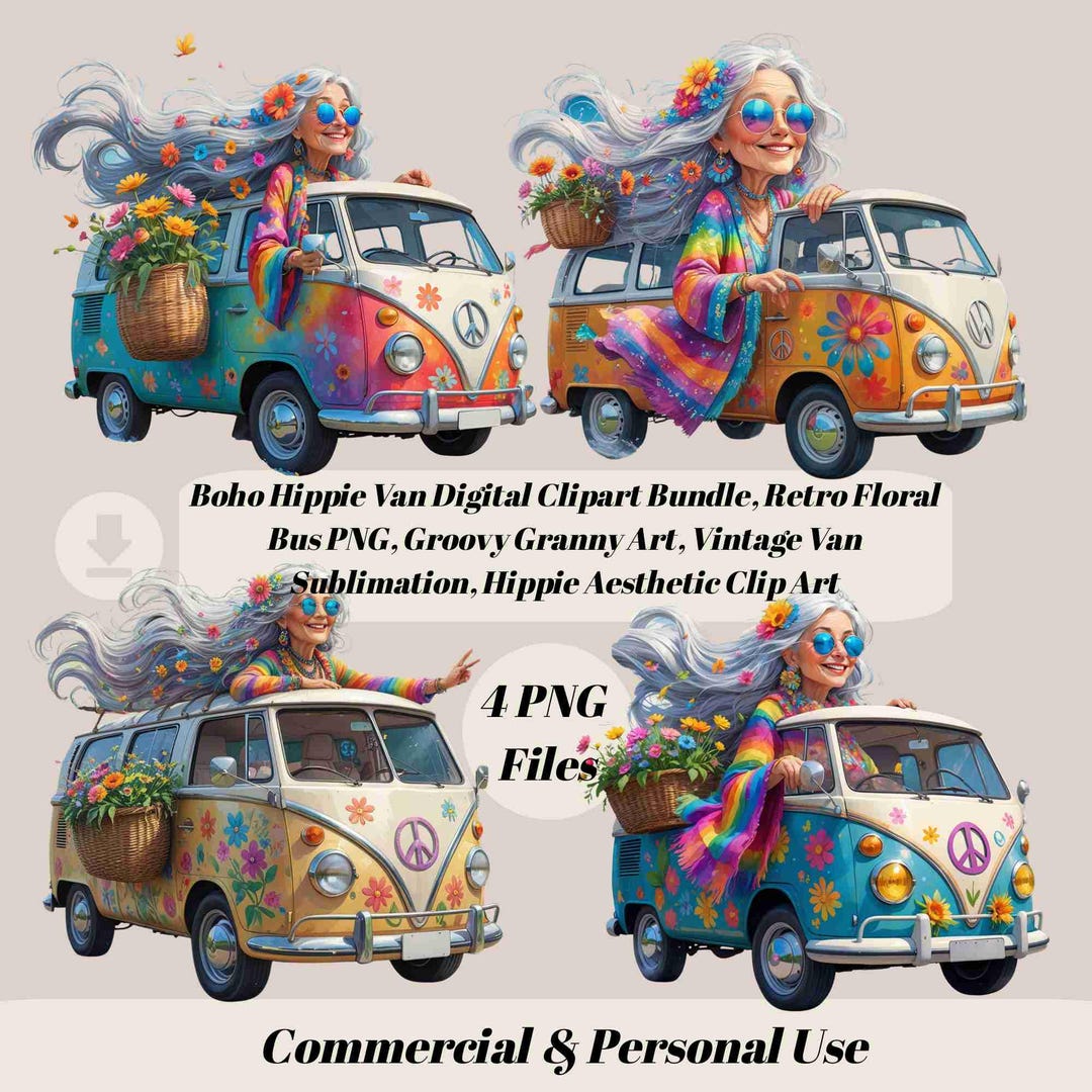 Boho Hippie Van Clipart: Retro Floral Bus PNG (digital Download) - Etsy
