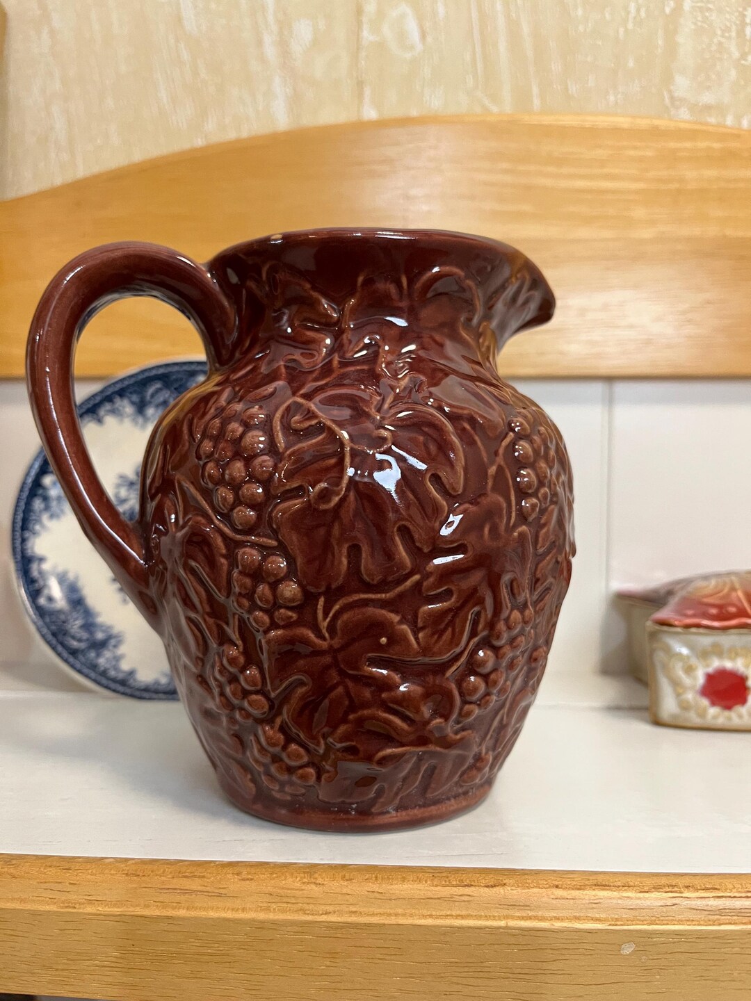 Vintage Uhl Pottery Milk Pitcher. Brown Glaze With Embossed Grape ...