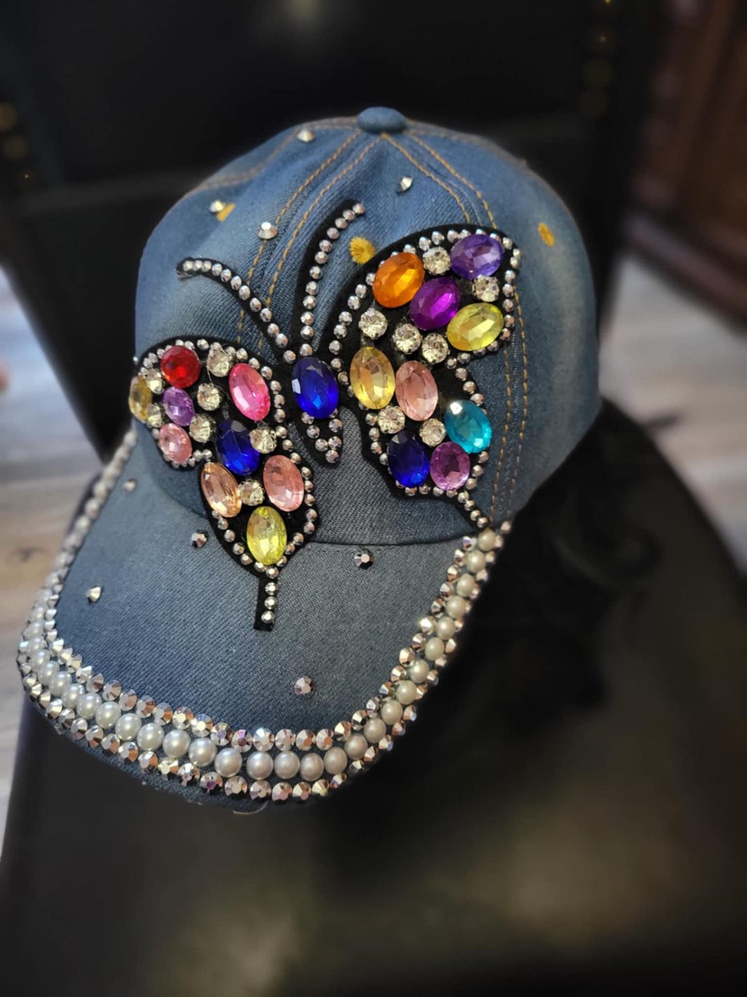 Bling Denim Baseball Cap With Multicolor Rhinestone Butterfly – Sparkly ...