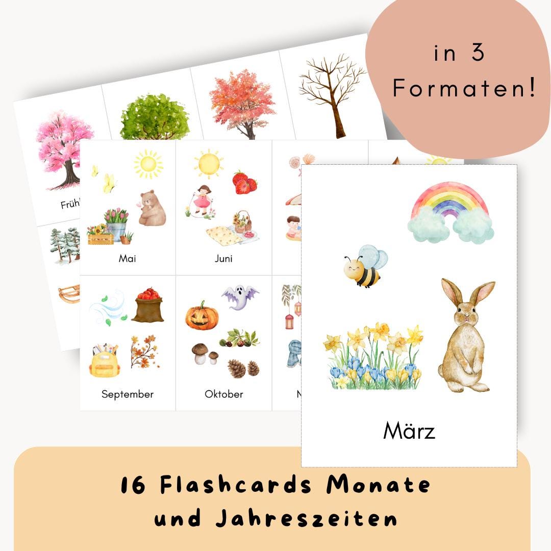 16 Flashcards for Children – 12 Months and 4 Seasons, Month Download ...