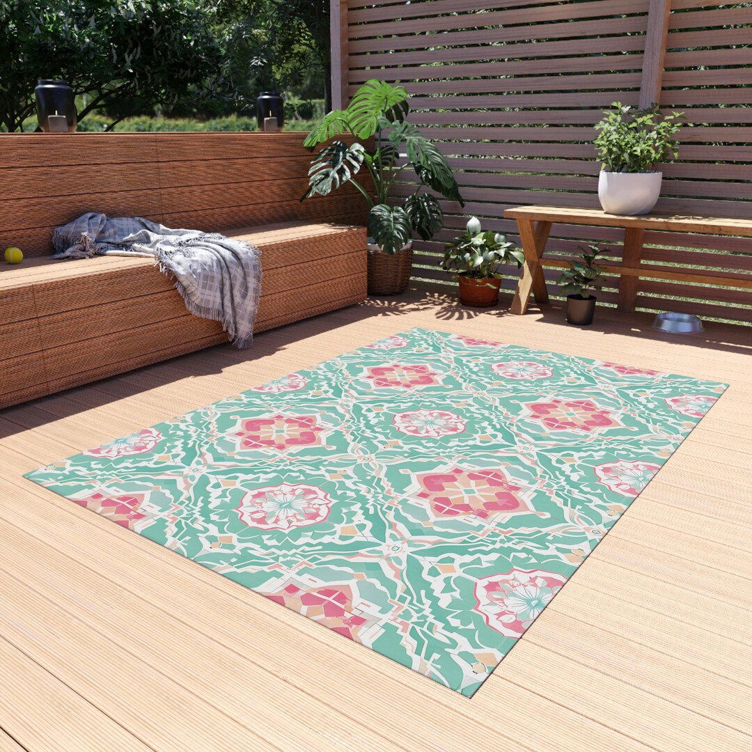 Boho Chic Patio Rug: Moroccan Tile Outdoor Rug in Pastel Pink and Green ...