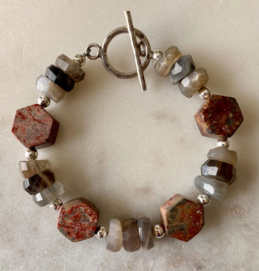 Leopard Jasper and Chocolate Moonstone Beaded Bracelet: Sterling Silver ...