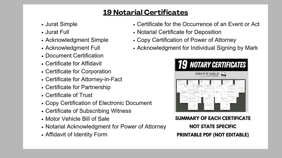 Notary Bundle: 19 Certificates & Log Book (printable PDF) - Etsy