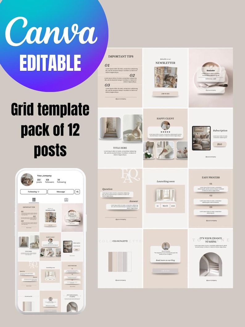 Pack of 12 Instagram 2025 GRID LAYOUT DIMENSIONS Posts Editable on ...