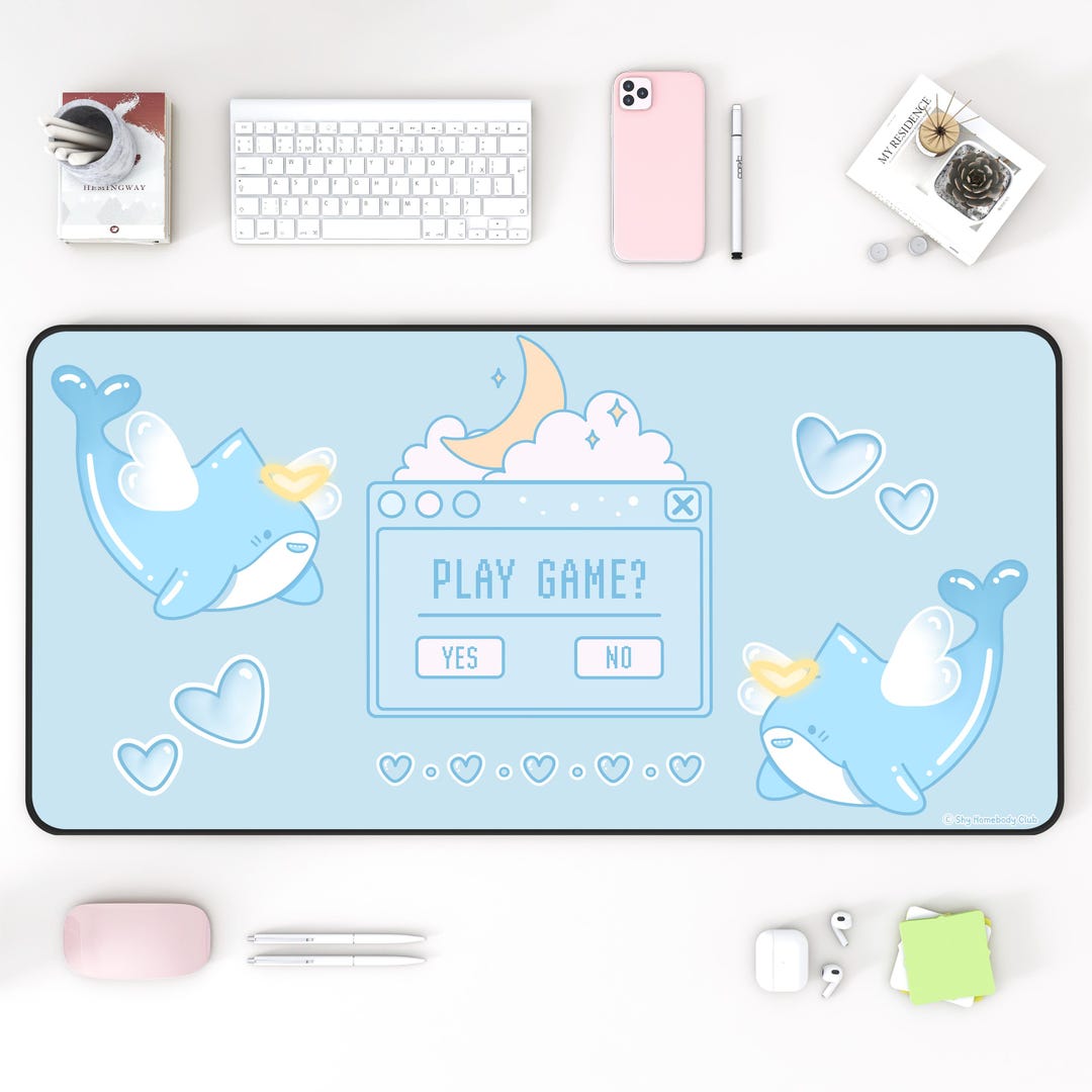 Kawaii Blue Shark Desk Mat – Angelic Gamer Mouse Pad, Cute XL Desk Mat ...