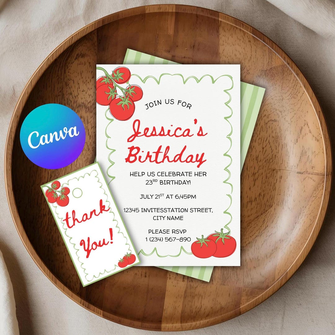 Tomato Birthday Invitation, Tomato Girl Summer Party Invite, Editable ...