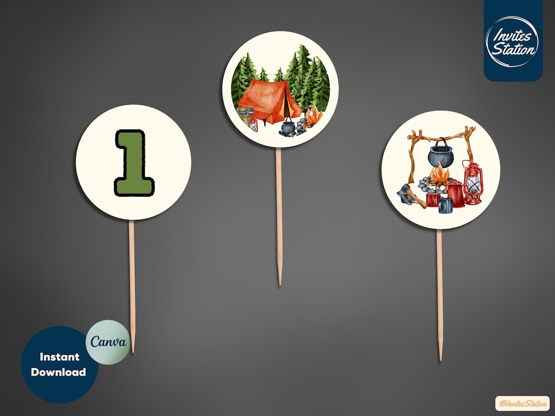 One Happy Camper Cupcake Toppers | Camping Birthday Party Decor ...