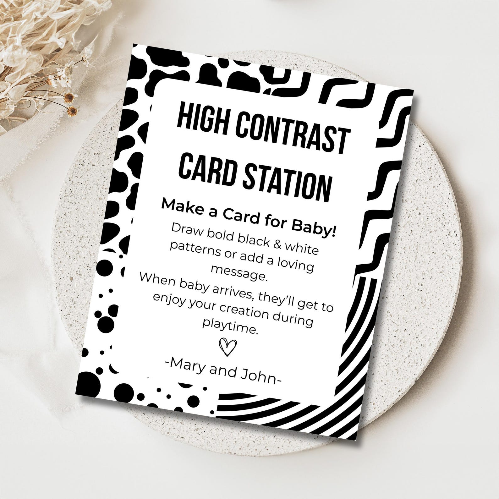 High Contrast Card Station Sign, Black and White Baby Shower Activity ...