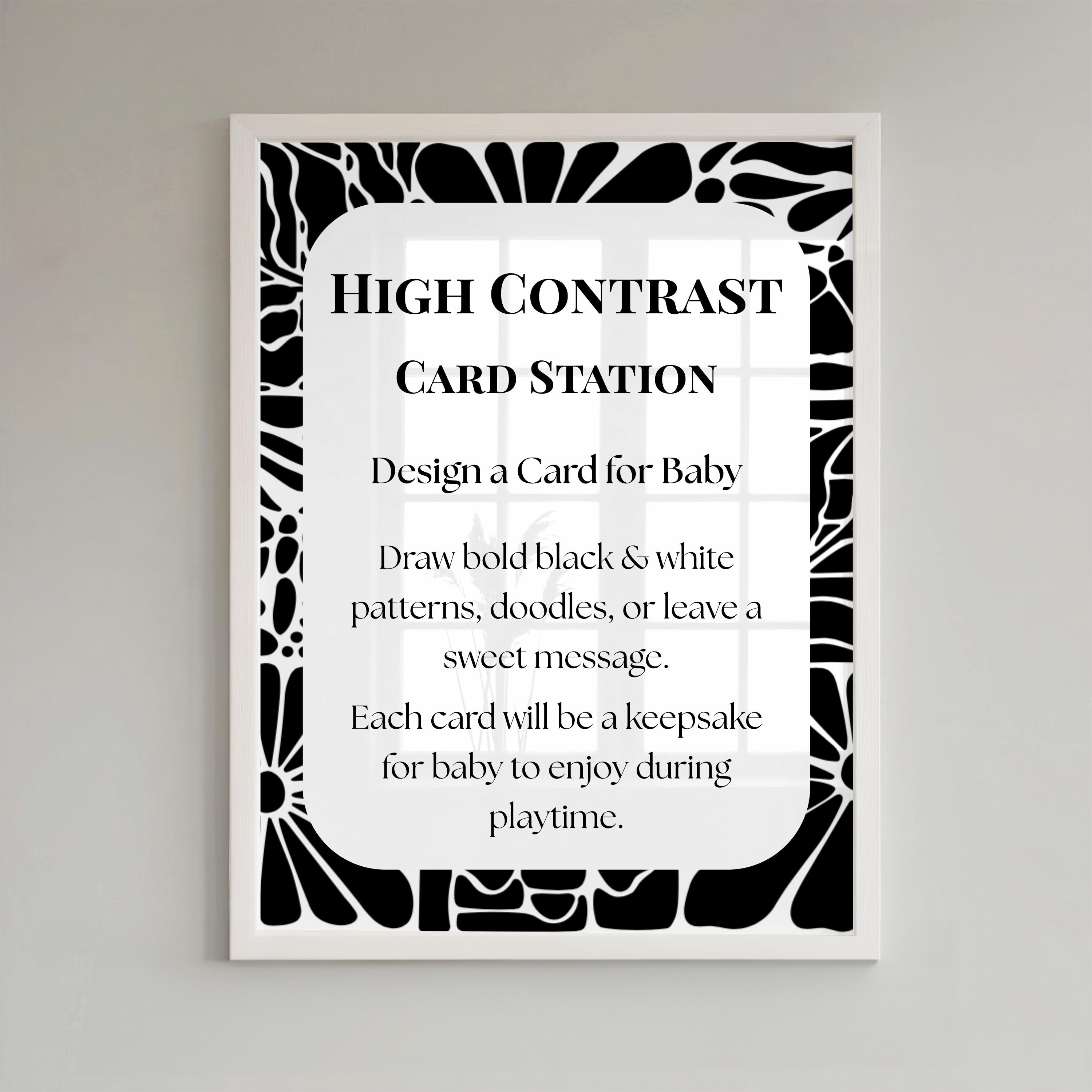 High Contrast Card Station Sign, Baby Shower Activity Printable, Black ...