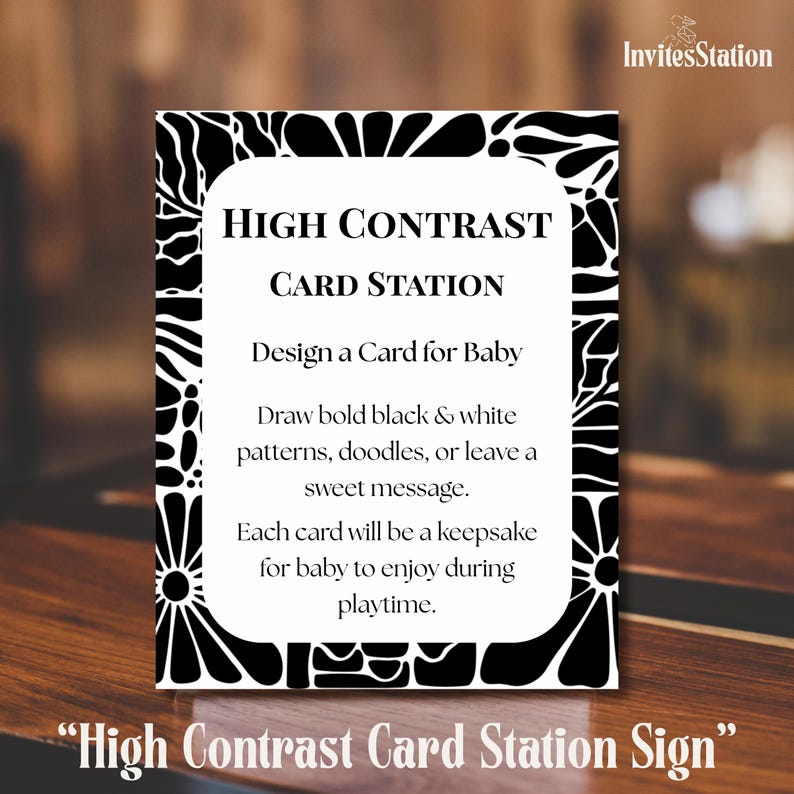 High Contrast Card Station Sign, Baby Shower Activity Printable, Black ...