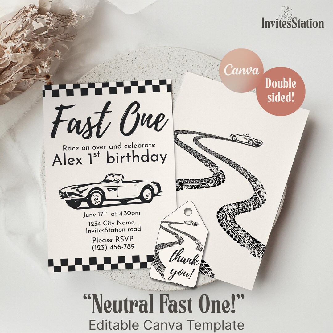 Fast One Birthday Invitation, Race Car Party Invite, Editable First ...