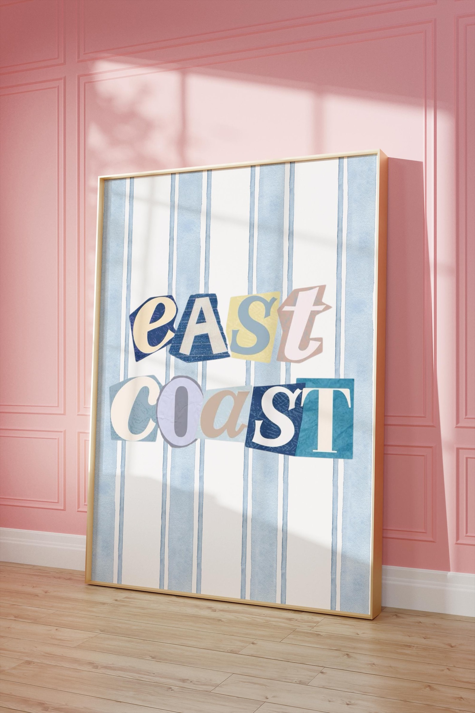 East Coast Poster With Blue Stripes Background - Coastal Beach ...