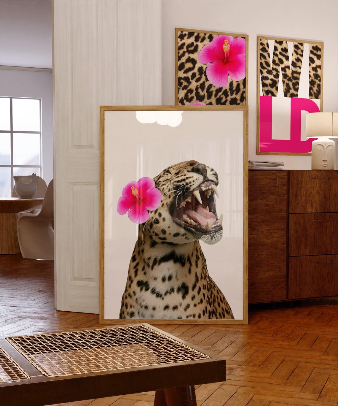 Wild Cheetah Hibiscus Poster Set Hot Pink Animal Print Wall Art Cute ...