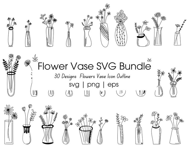 Flower Vase SVG Bundle | 30 Flowers Vase Icon Outline, Floral Bouquet ...