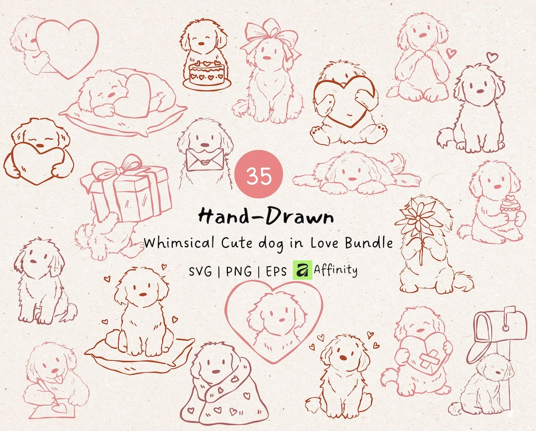 Cute Dog in Love SVG Bundle | Hand Drawn Valentine Dog Clipart, Wedding ...