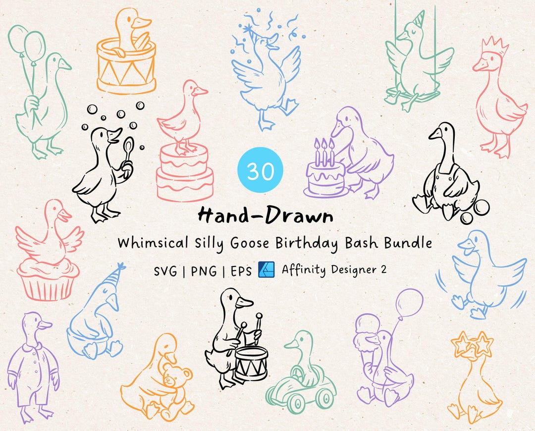 Whimsical Goose Birthday Bash SVG Bundle: Hand-drawn Illustrations I ...