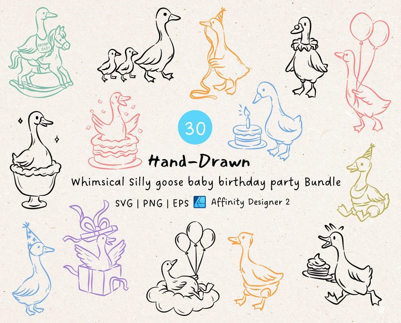 Hand Drawn Whimsical Silly Goose Baby Birthday Party SVG Bundle | Cute ...