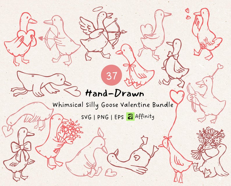 Whimsical Silly Goose Valentine Bundle - Hand-drawn Love Goose SVG PNG ...