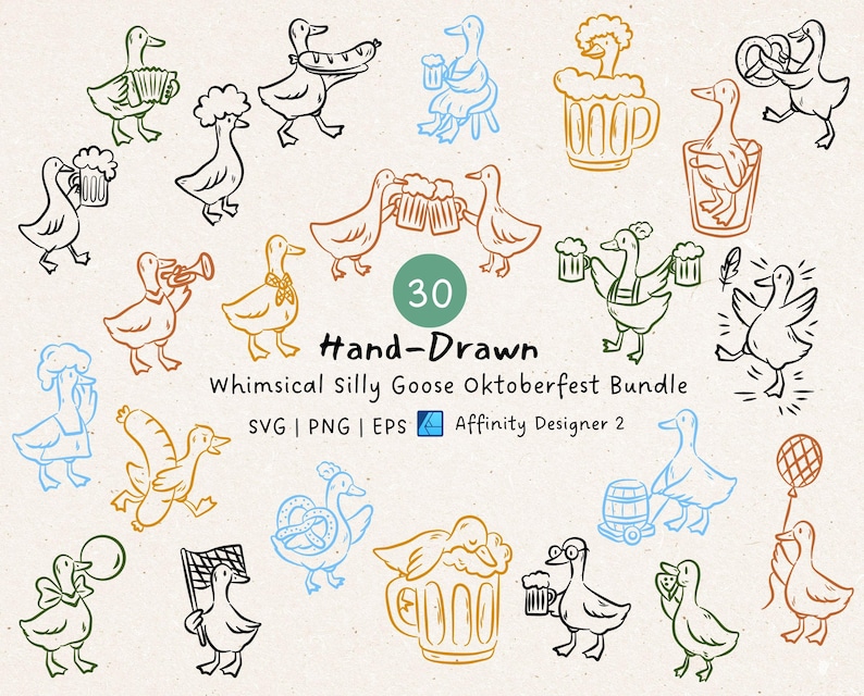 Whimsical Silly Goose Oktoberfest SVG Clipart Bundle: Hand-drawn Beer ...