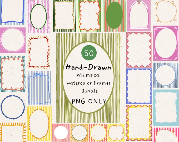 Whimsical Frame Clipart Set – 10 High-res Hand-drawn Jpgs – Watercolor ...