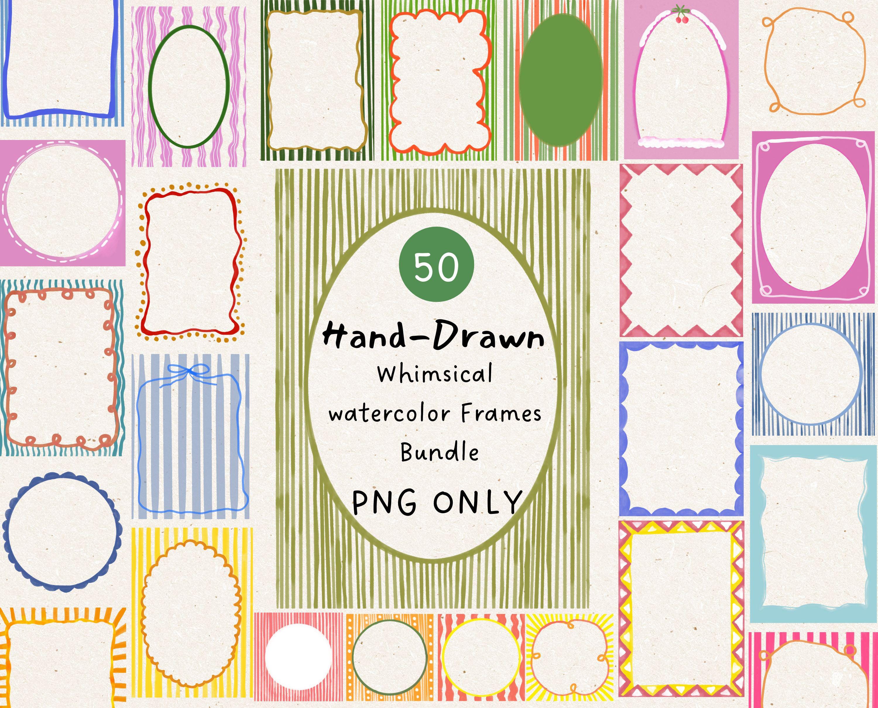 Whimsical Watercolor Frames PNG Bundle - 50 Hand-drawn Borders Clipart ...