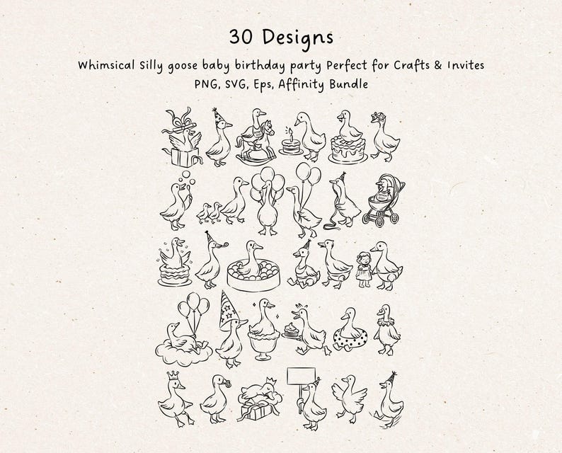 Hand Drawn Whimsical Silly Goose Baby Birthday Party SVG Bundle | Cute ...