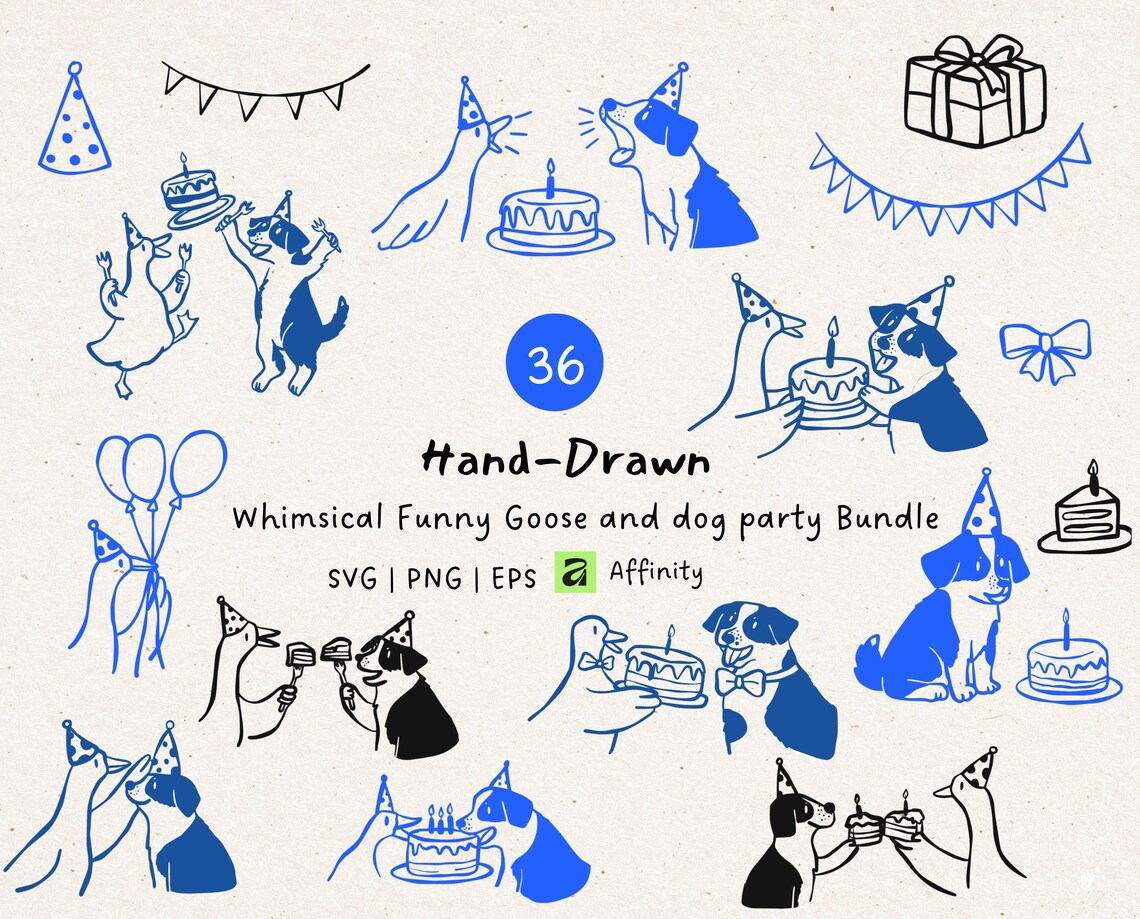 Funny Goose and Dog Party SVG Bundle - Hand Drawn Birthday Clipart ...