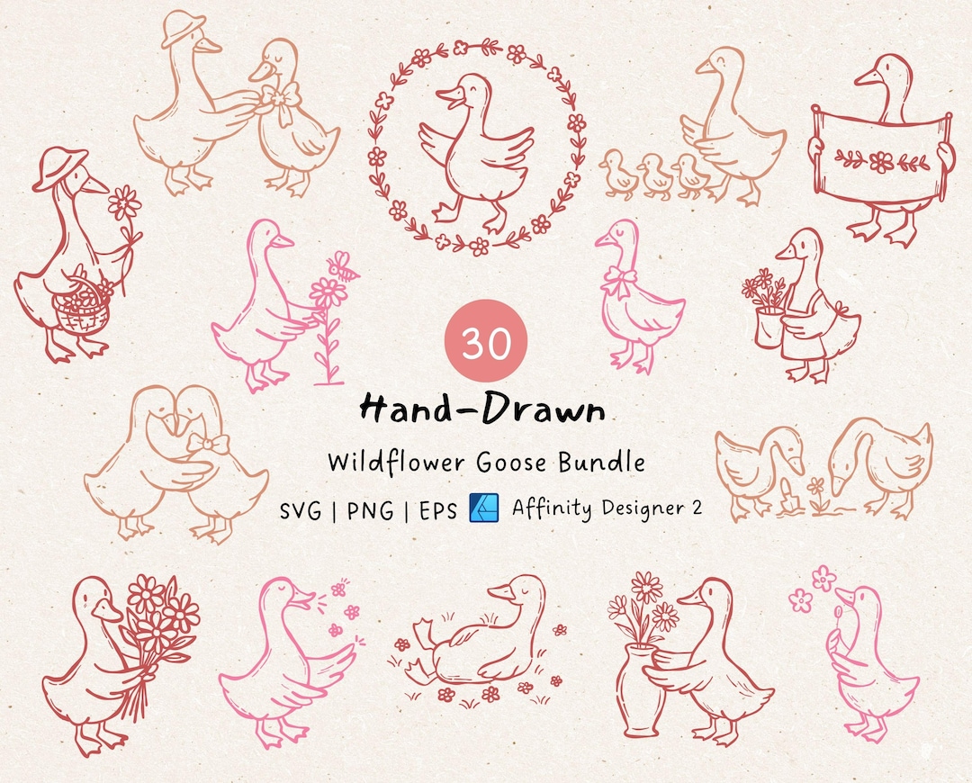 Wildflower Goose Clipart Bundle SVG PNG, Hand Drawn Floral Goose Line ...