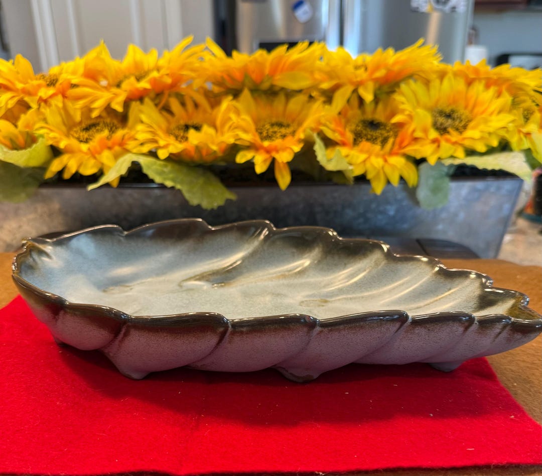 Frankoma Plainsman Woodland Moss Pottery Leaf Dish Bowl Blue Brown Dish