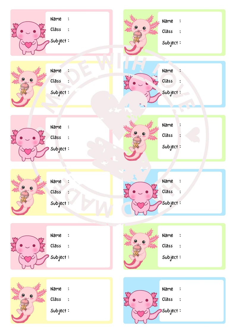 Cute Kawaii Axolotl School Book Labels Printable Name Tags for Kids ...