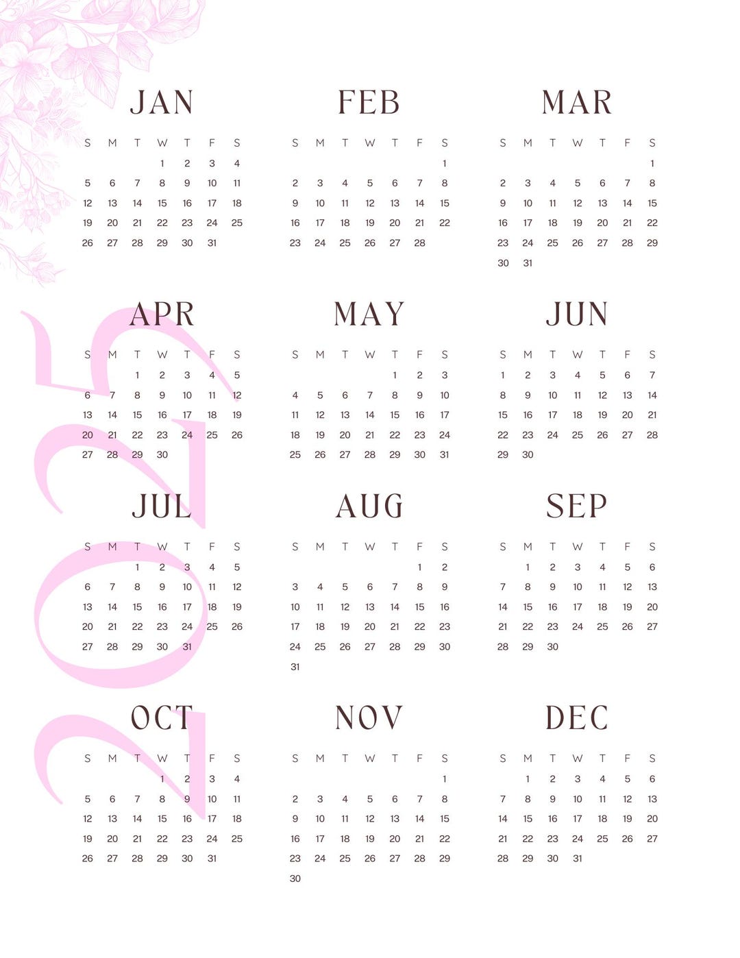 Pink and White Digital Printable Calendar - Etsy
