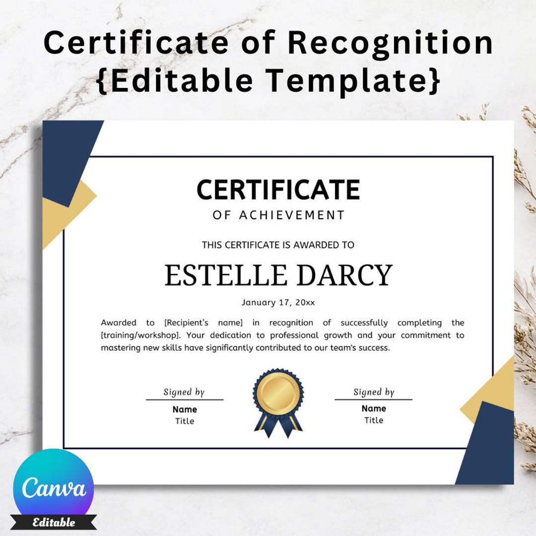 Editable Certificate of Recognition for Teammate or Colleague - Instant ...