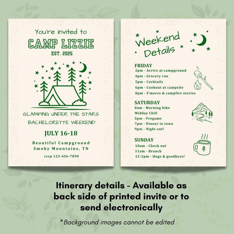 Camp Bachelorette, Glamping Girls Weekend Invitation & Itinerary ...