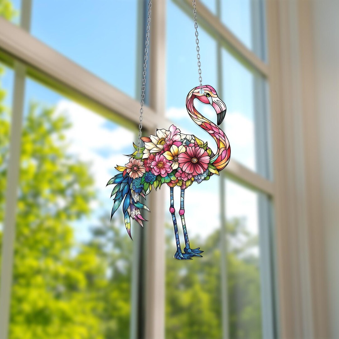 Flamingo With Flowers Window Hanging, Floral Flamingo Decor, Colorful ...