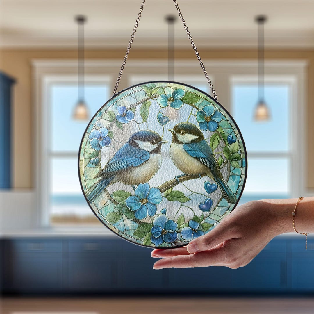 Bluebird Couple Glass Panel With Floral Border, Romantic Nature Decor ...